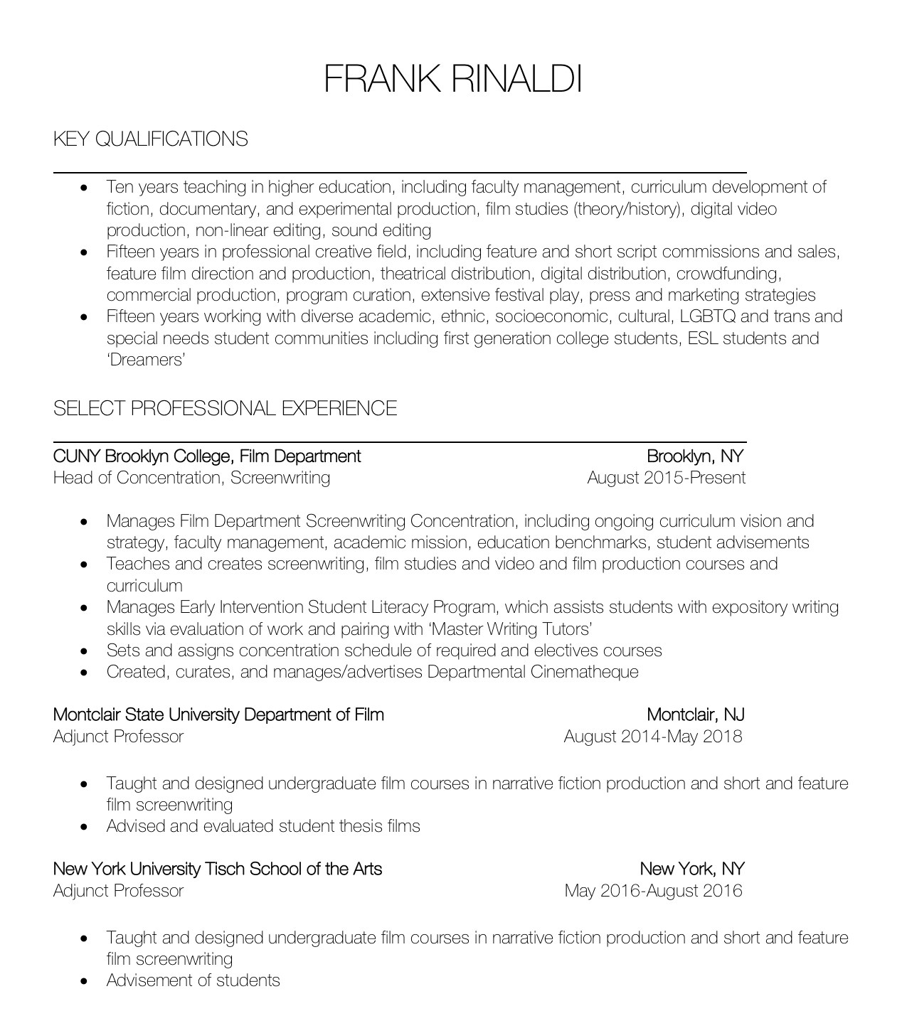 CV – Professor Frank Rinaldi